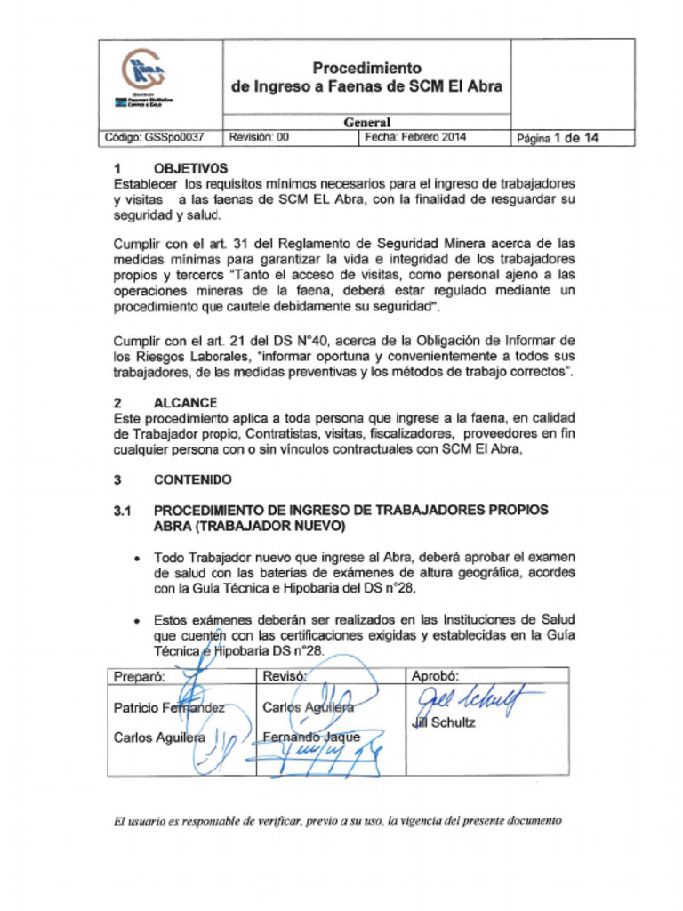 GSSpo0037 Procedimiento de Ingreso a Faenas de SCM El Abra rev 00 | PDF