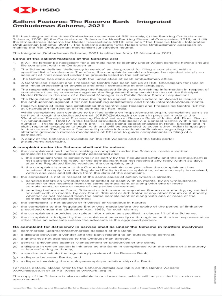 Salient Features Rbi Integrated Ombudsman Scheme | PDF | Reserve Bank ...