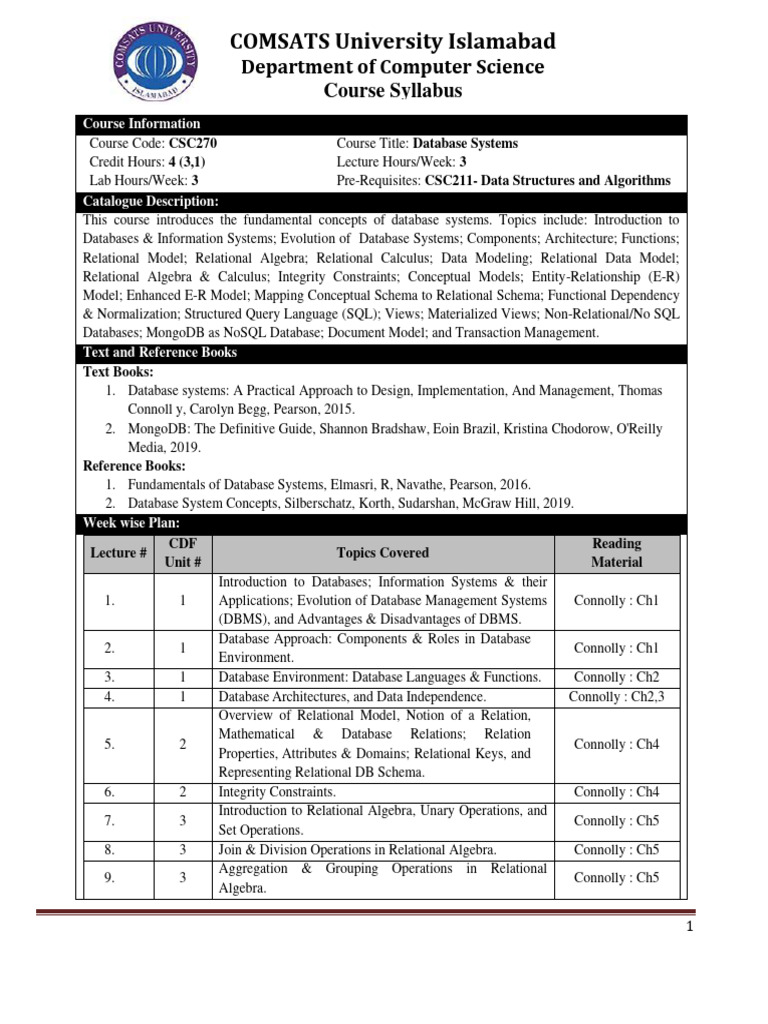 Csc270 Db Syllabus V31 Pdf Relational Model Databases 