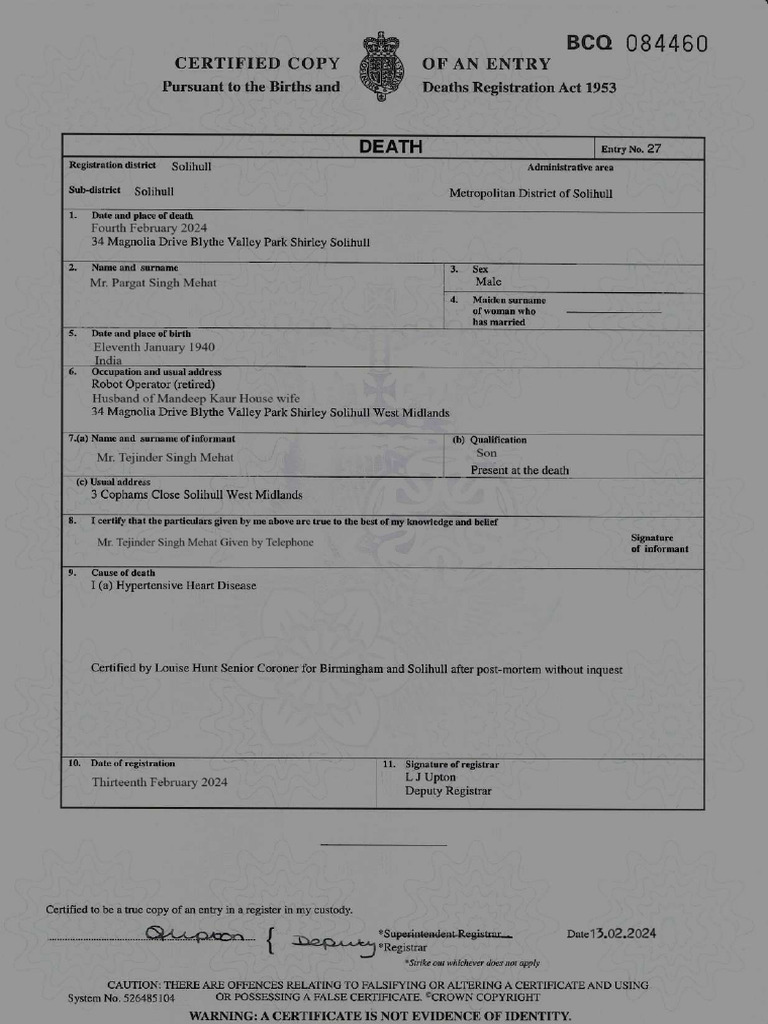 Mr. Tejinder Singh Mehat Father Death Certi | PDF
