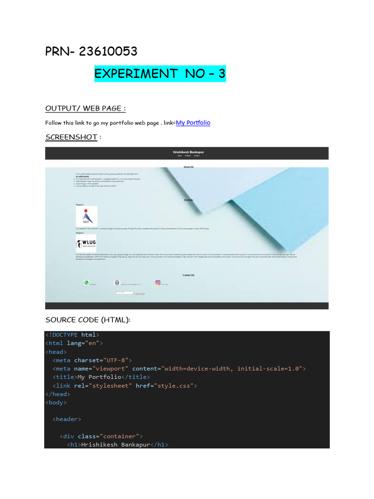 PRN - 23610053 (Experiment No3) | PDF | World Wide Web | Internet & Web