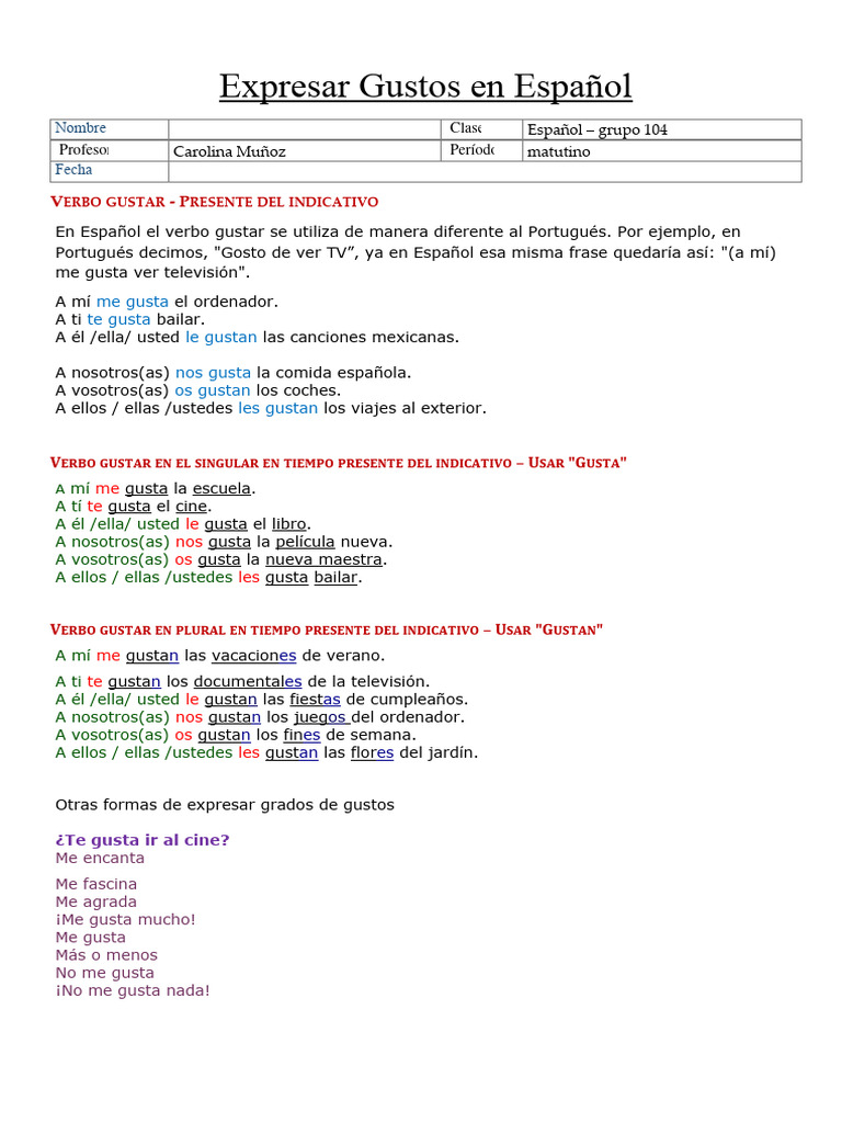 Uso del Verbo Gustar en Español | PDF