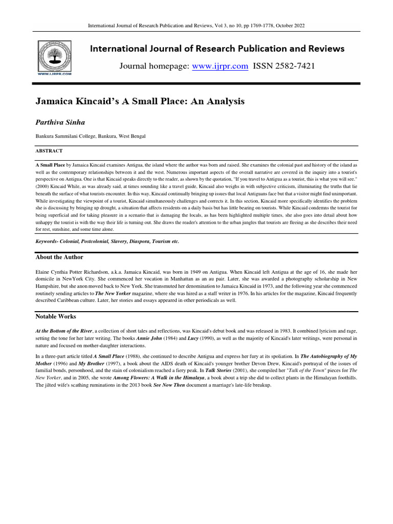 Jamaica Kincaid S A Small Place An Analy | PDF
