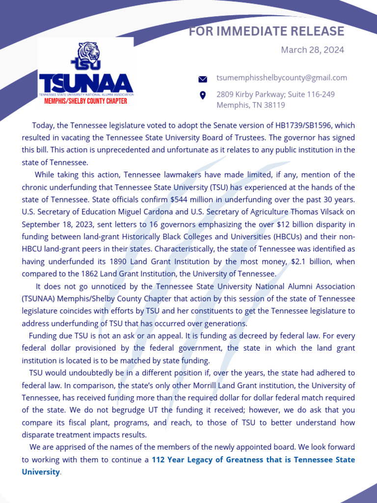 TSUNAA MemphisShelbyCountyChapterPressRelease | PDF | Tennessee | The ...