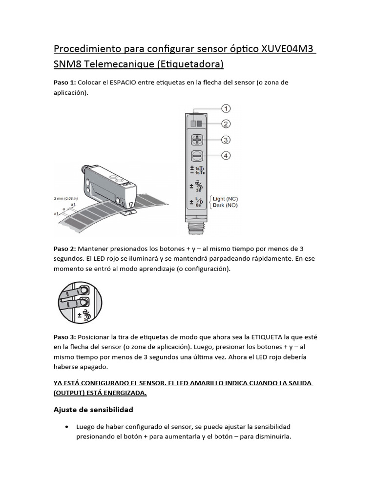 Procedimiento para configurar sensor Ã³ptico XUVE04M3 SNM8 Telemecanique | PDF