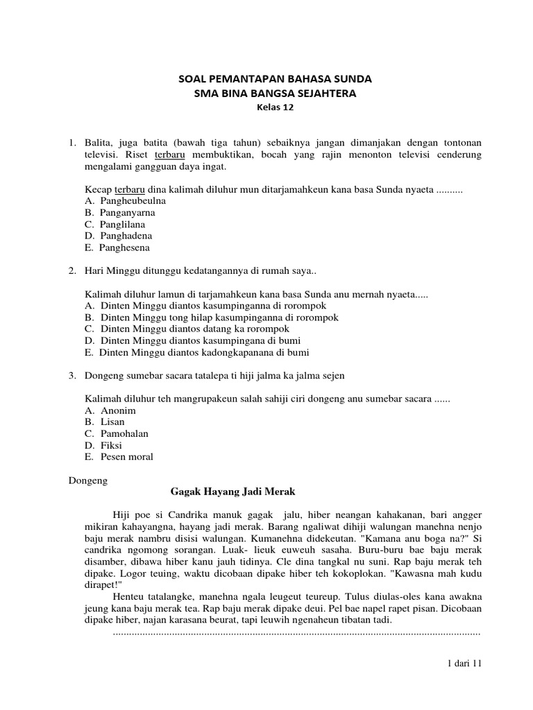 Latihan Soal Pemantapan Basa Sunda Kelas XII 2021-2022-3 | PDF