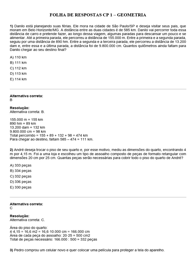 FOLHA DE RESPOSTAS CP1 | PDF | Metro