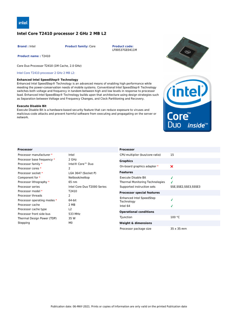 Intel® Pentium® Processor T4200 Product Specs | PDF | Central ...