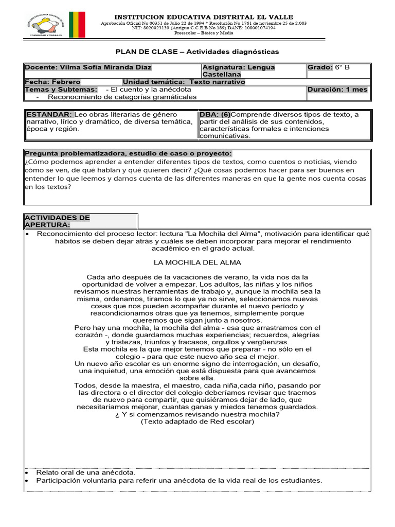 1- PLAN DE CLASE 6° febrero | PDF | Educación de la primera infancia