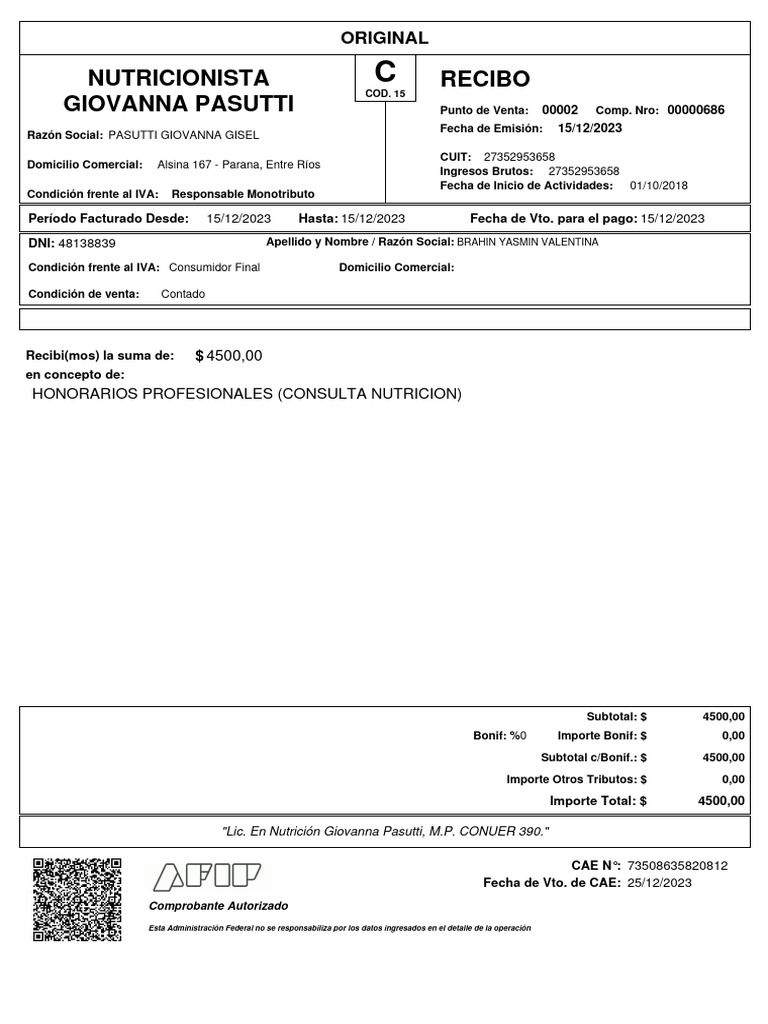 Recibo de Honorarios Nutricionista Pasutti | PDF