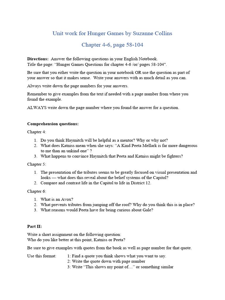 CH 4-6 P 58-104 Unit Work Hunger Games | PDF
