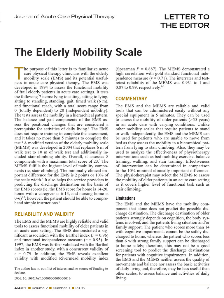 Elderly Mobility Scale-Letter (2016) 2 | PDF | Physical Therapy ...