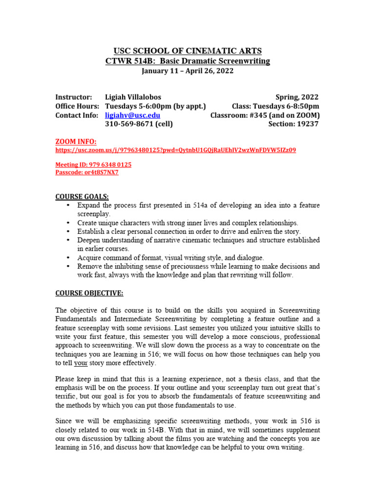Usc School of Cinematic Arts CTWR 514B: Basic Dramatic Screenwriting ...