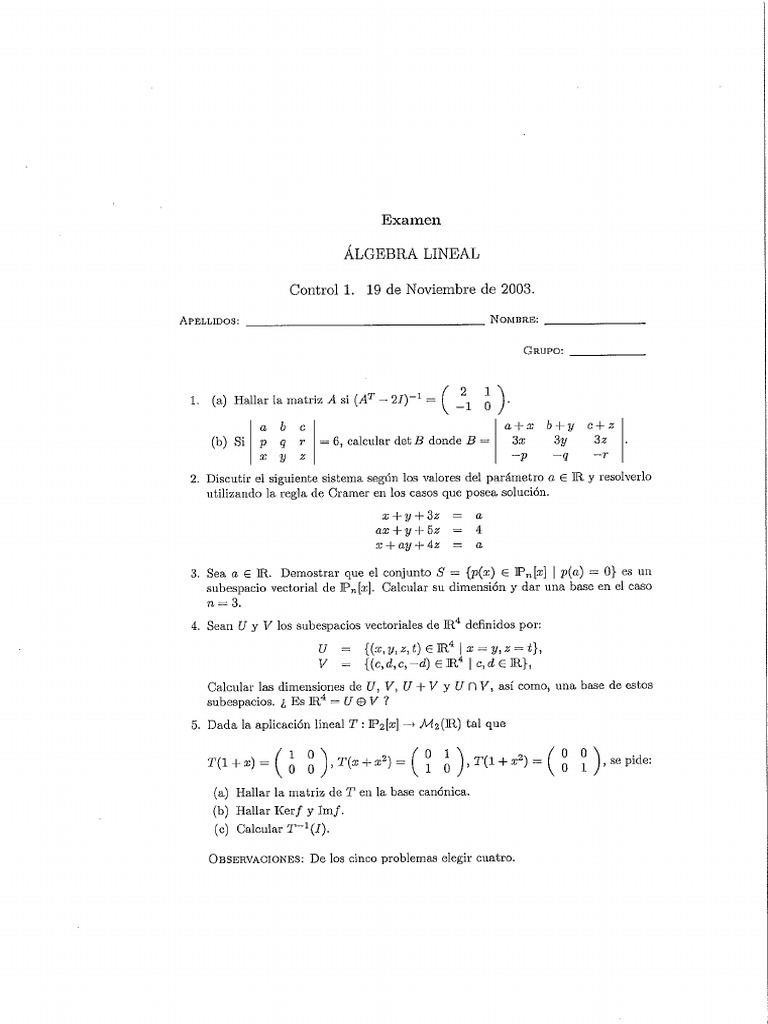 Examen de Álgebra Lineal 2003-2004 | PDF
