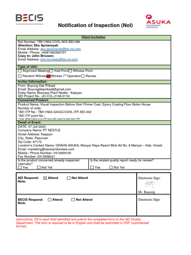 TBI11N02-CIVIL-NOI-AEI-086 NoI - Visual Inspection Before Start Primer ...