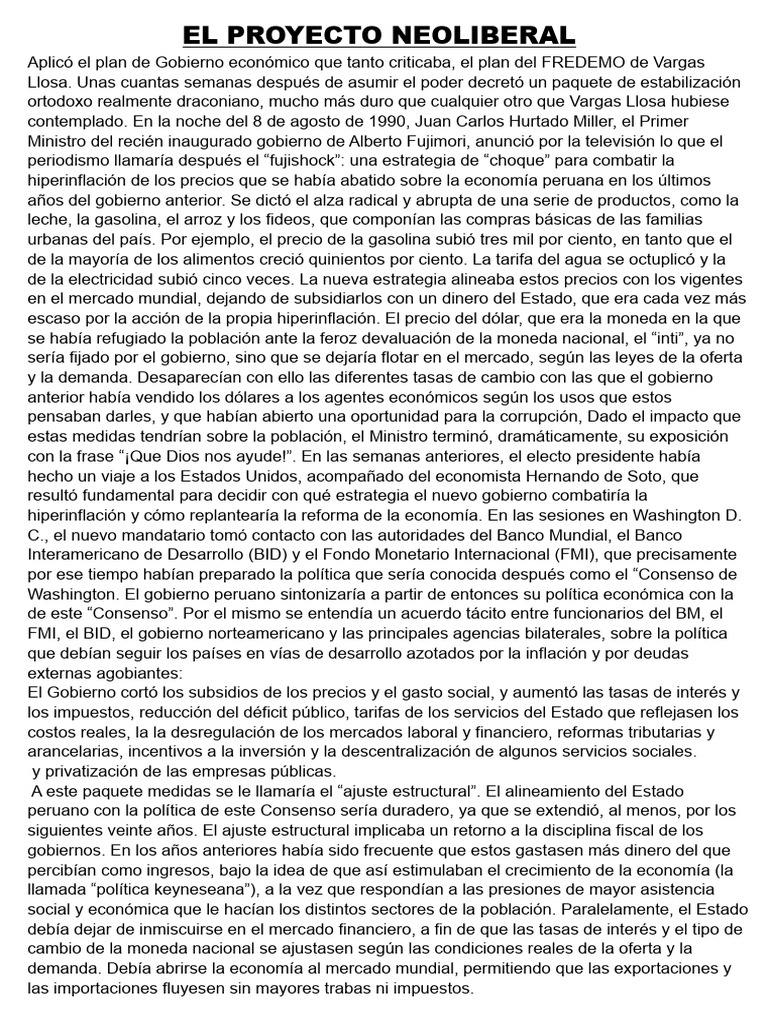 El Proyecto Neoliberal Lectura | PDF | Ajuste estructural | Economias