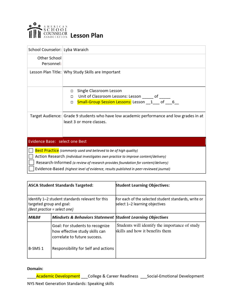 Internship Study Skills Lesson 1 PDF | PDF | School Counselor | Study ...