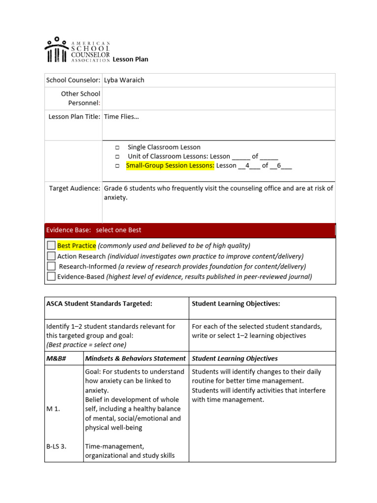 Internship Anxiety Lesson Plan 4 PDF | PDF | School Counselor | Anxiety