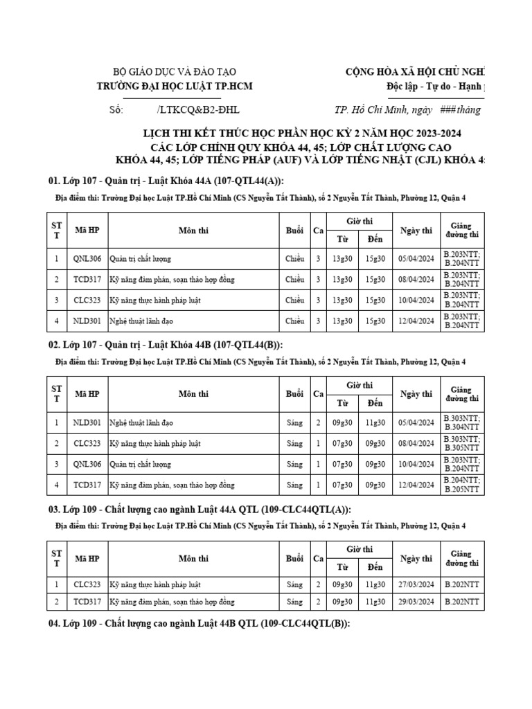 Lich Thi Cac Lop K44, K45 Hoc Ky 2 Nam Hoc 2023-2024 | PDF