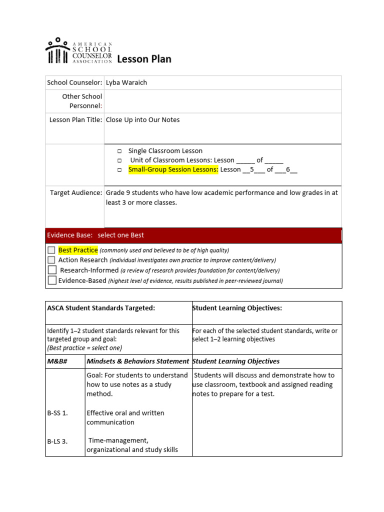 Internship Study Skills Lesson 5 PDF | PDF | School Counselor | Lesson Plan