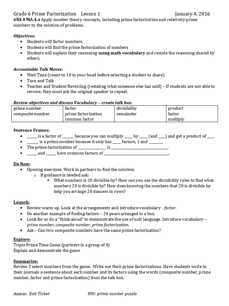 Prime Factorization - Lesson 1 - 1.4.2016 | PDF | Numbers | Factorization