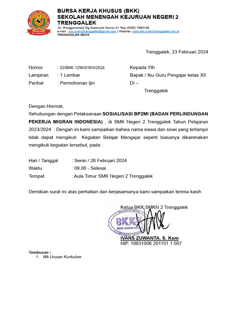 Surat Dispen Kegiatan BKK 26022024 | PDF