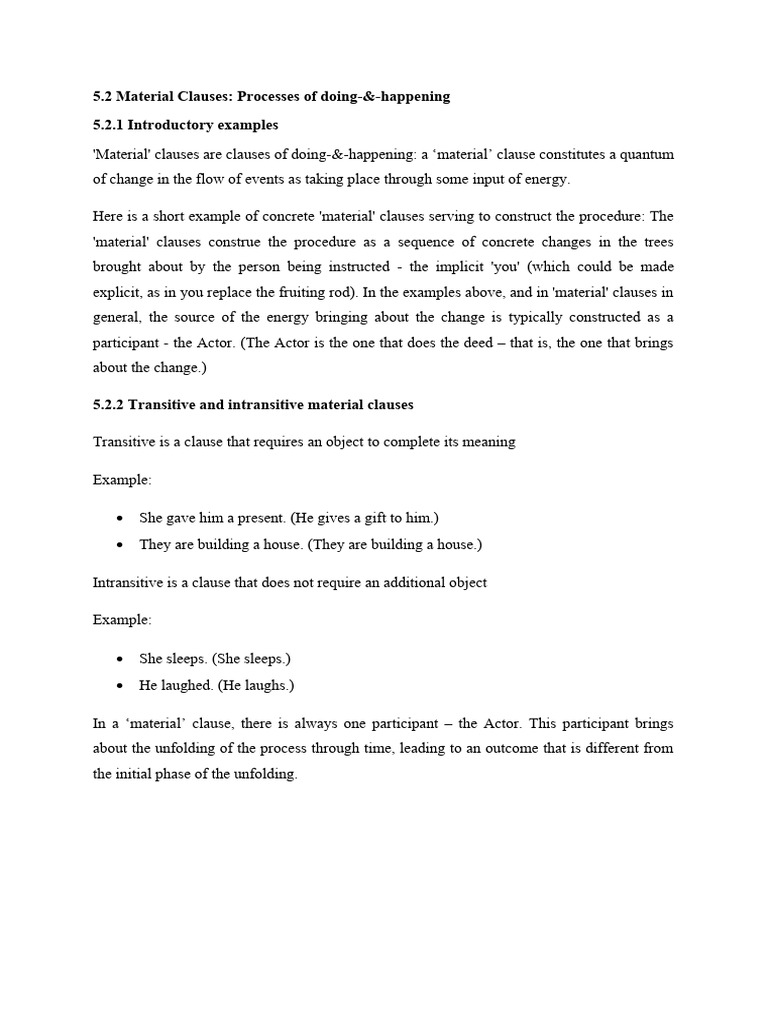 5.2 Material Clauses: Processes of Doing-&-Happening 5.2.1 Introductory ...