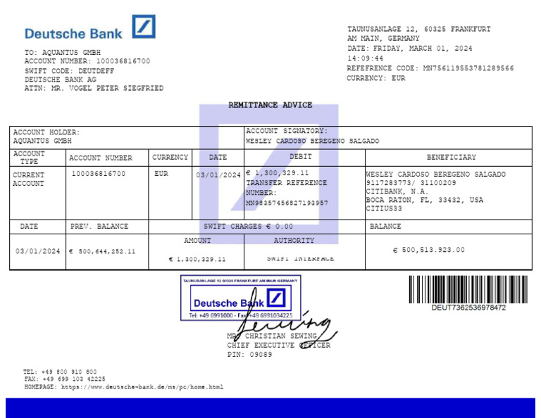 Remittance Advice Swift Mt103 Aquantus To WCB | PDF