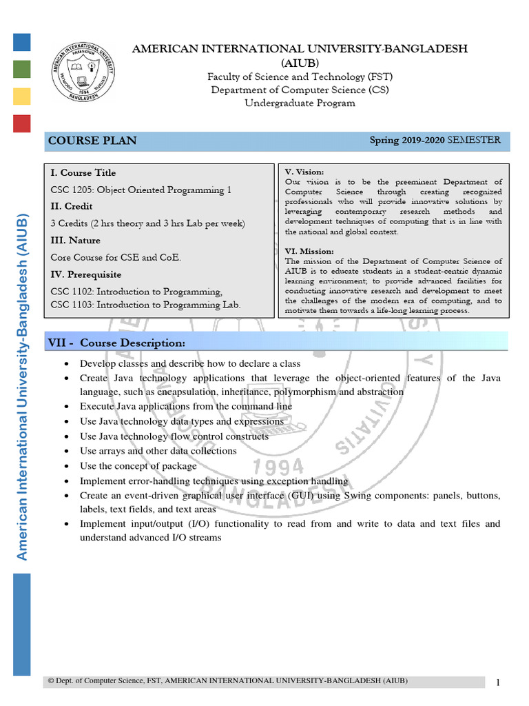 OOP1 - Course - Outline (+OBE) - SPRING 19-20 | PDF | Method (Computer Programming) | Class ...