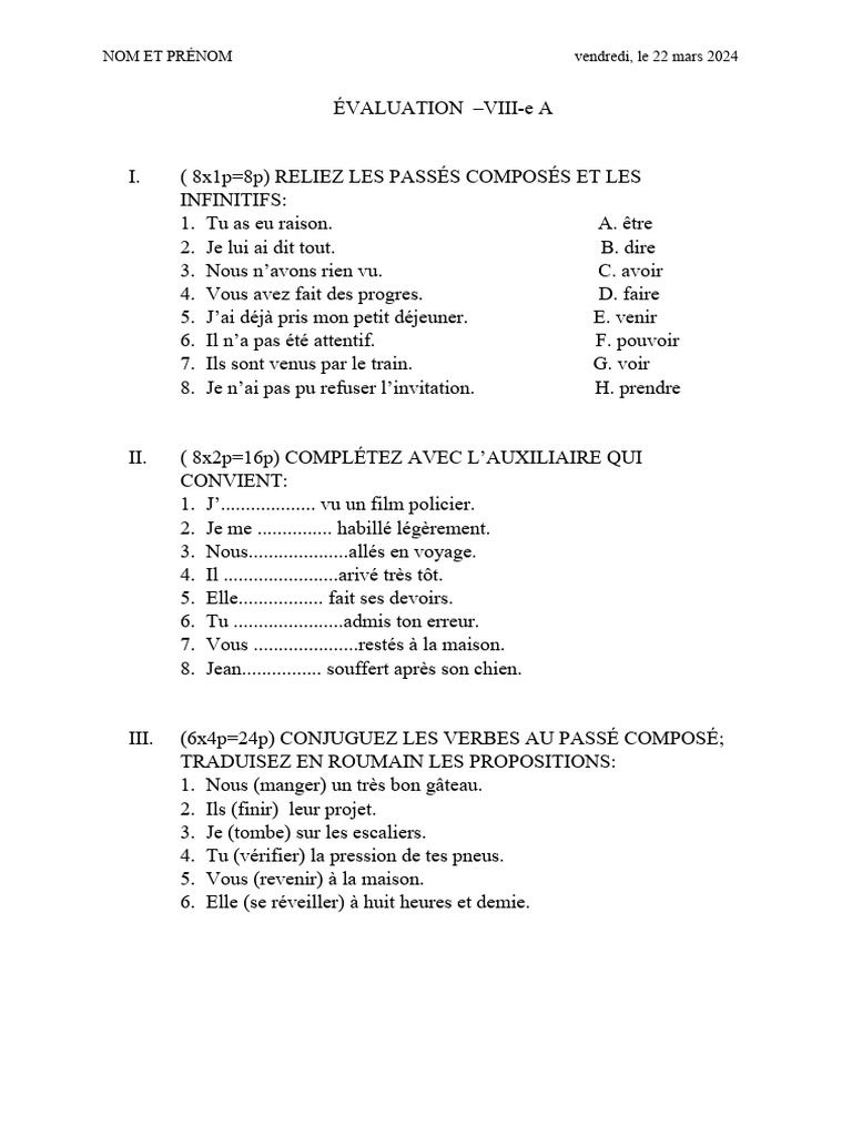 Évaluation de conjugaison française | PDF | Arts du langage et discipline