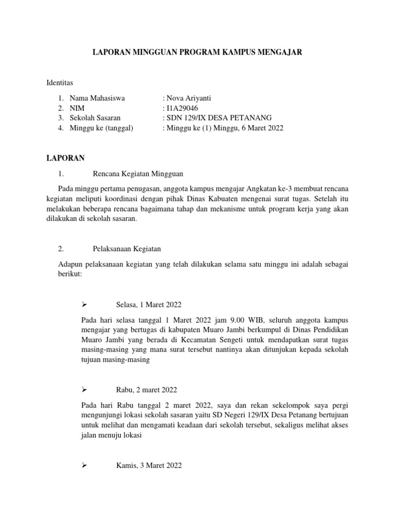 Laporan Mingguan Program Kampus Mengajar | PDF