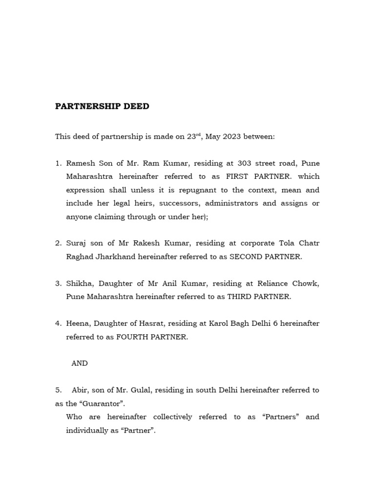 Partnership Deed Format | PDF | Partnership | Guarantee