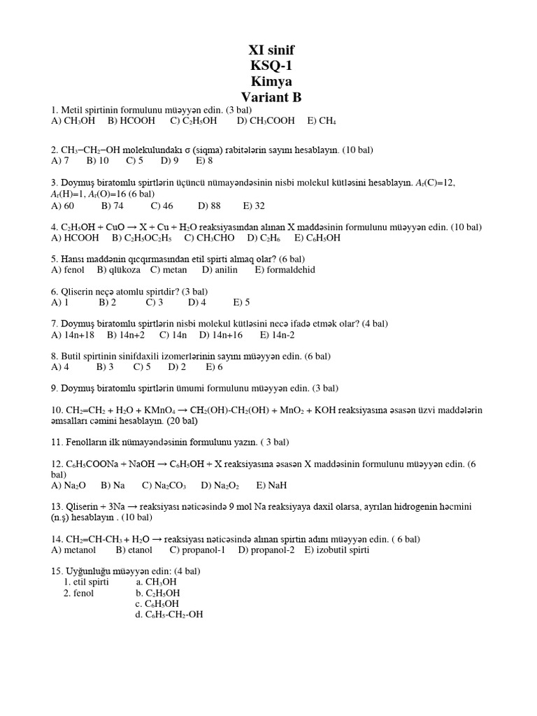 11 Cı Sinif KSQ 1 B Variantı | PDF