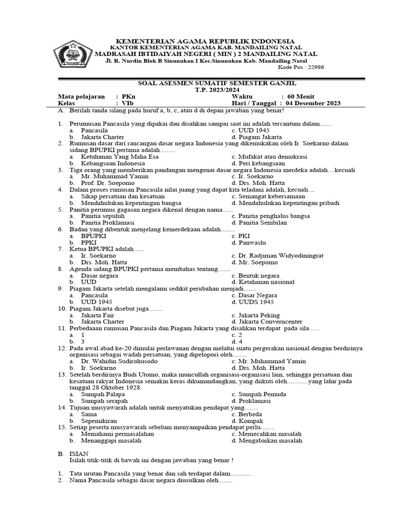 Soal Asesmen Sumatif Semester Ganjil T.P. 2023-2024 | PDF