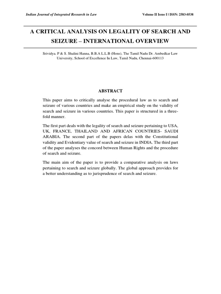 A Critical Analysis On Legality of Search and Seizure - International Overview | PDF | Search ...