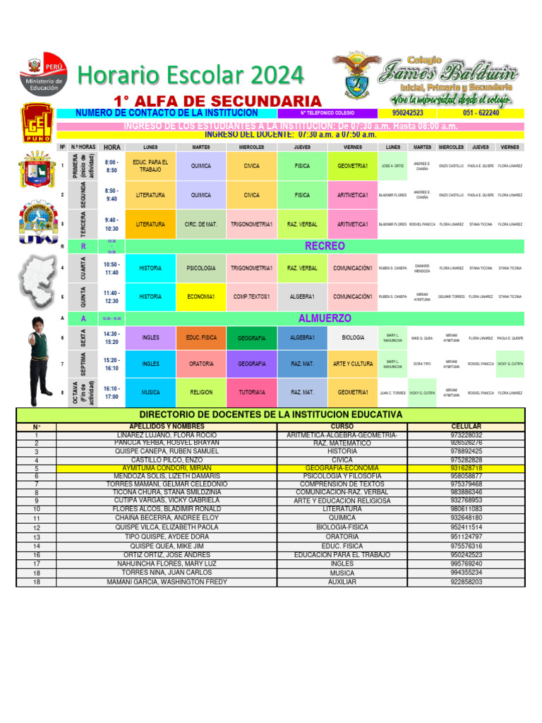 Horario Escolar 2024: Clases y Docentes | PDF