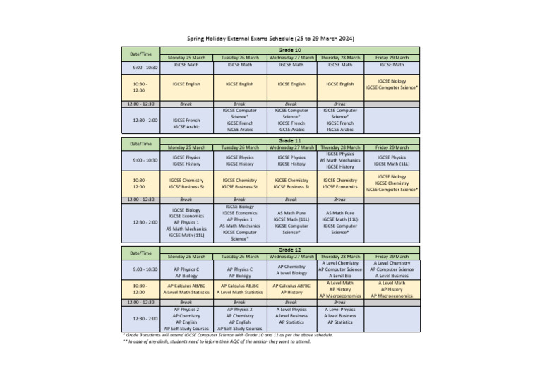 2324 External Exams Extra Sessions Timetable (Spring Holiday) | PDF ...