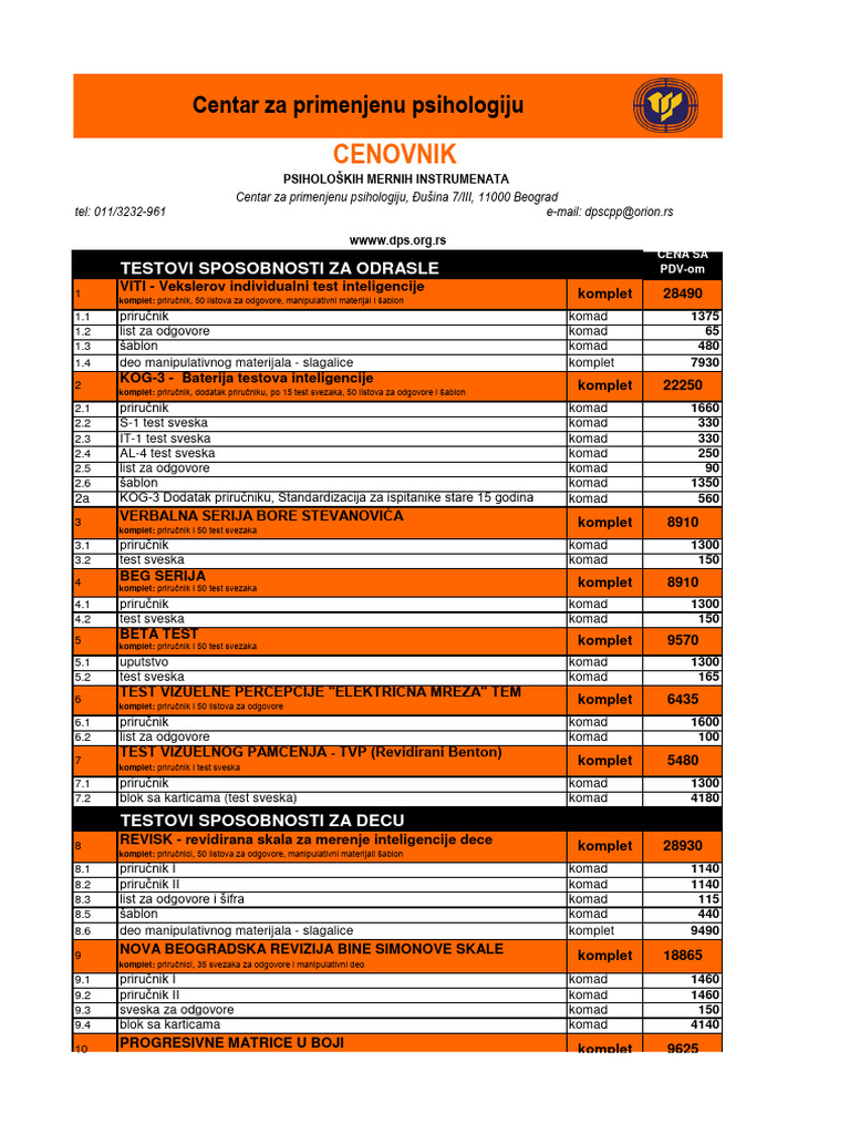 CENOVNIK Testova NOVEMBAR 2022 | PDF