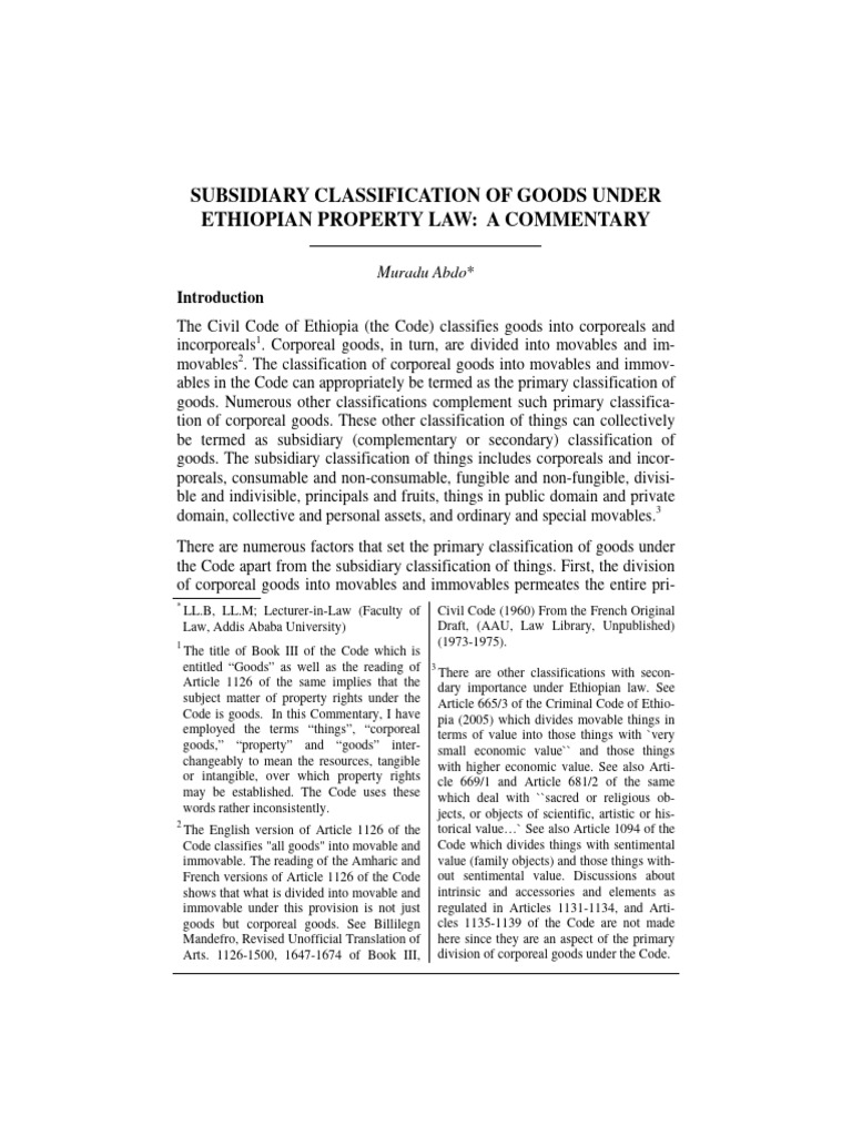 Subsidiary Classification of Goods Under Ethiopian Property Law | PDF ...