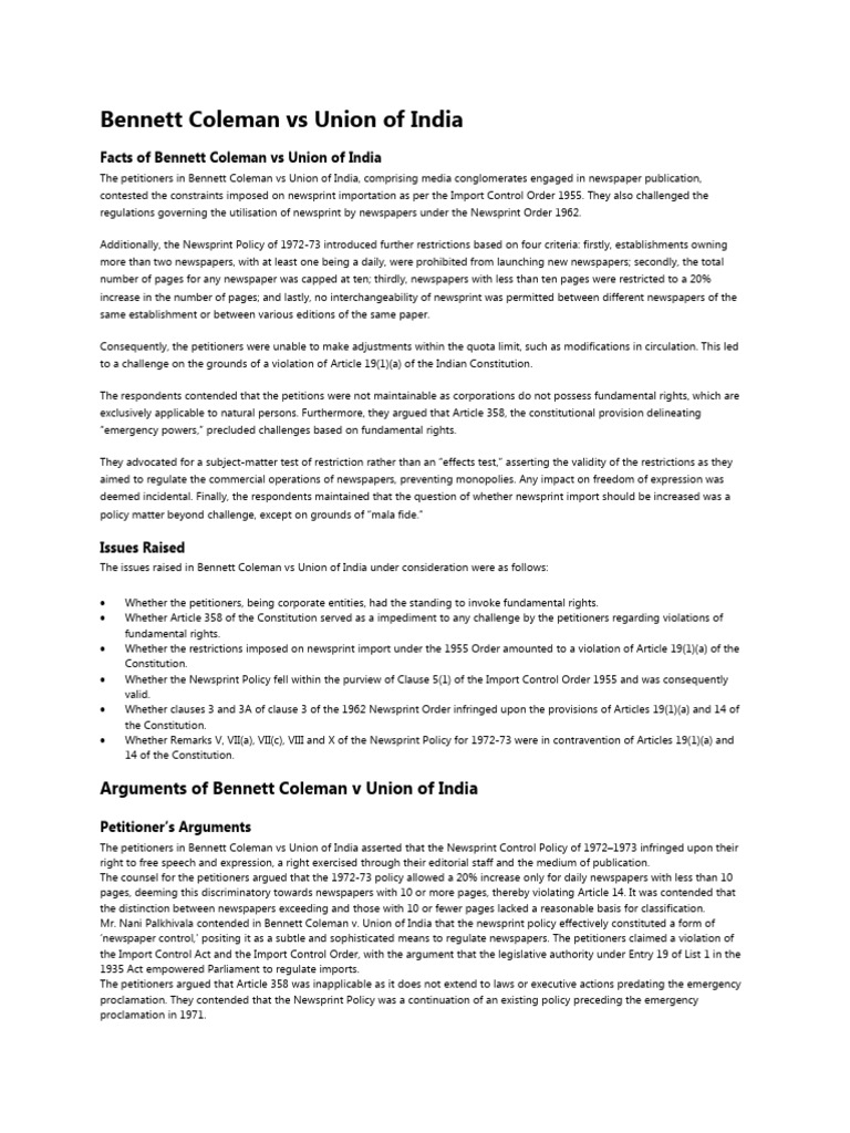 Bennett Coleman Vs Union of India | PDF | Freedom Of Speech | Newspapers