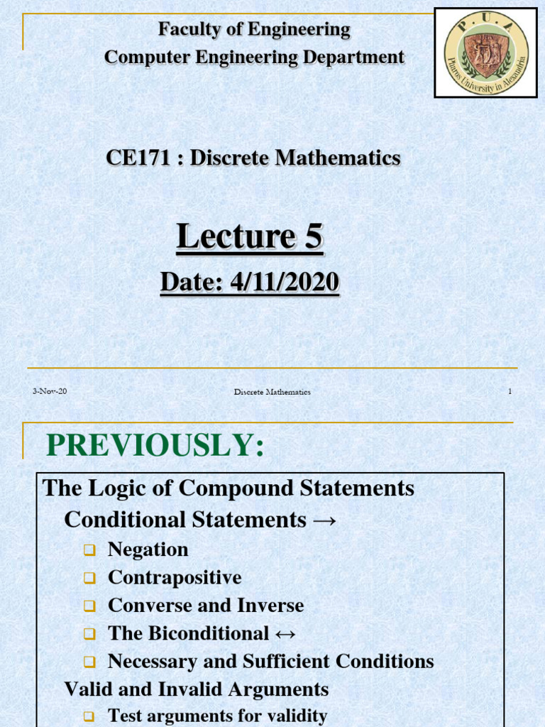 Discrete Mathematics - L05 | PDF | First Order Logic | Mathematics