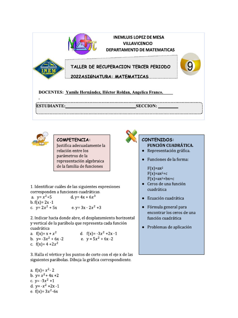 Taller de Recuperacion Matematicas 9 Tercer Periodo PDF | PDF