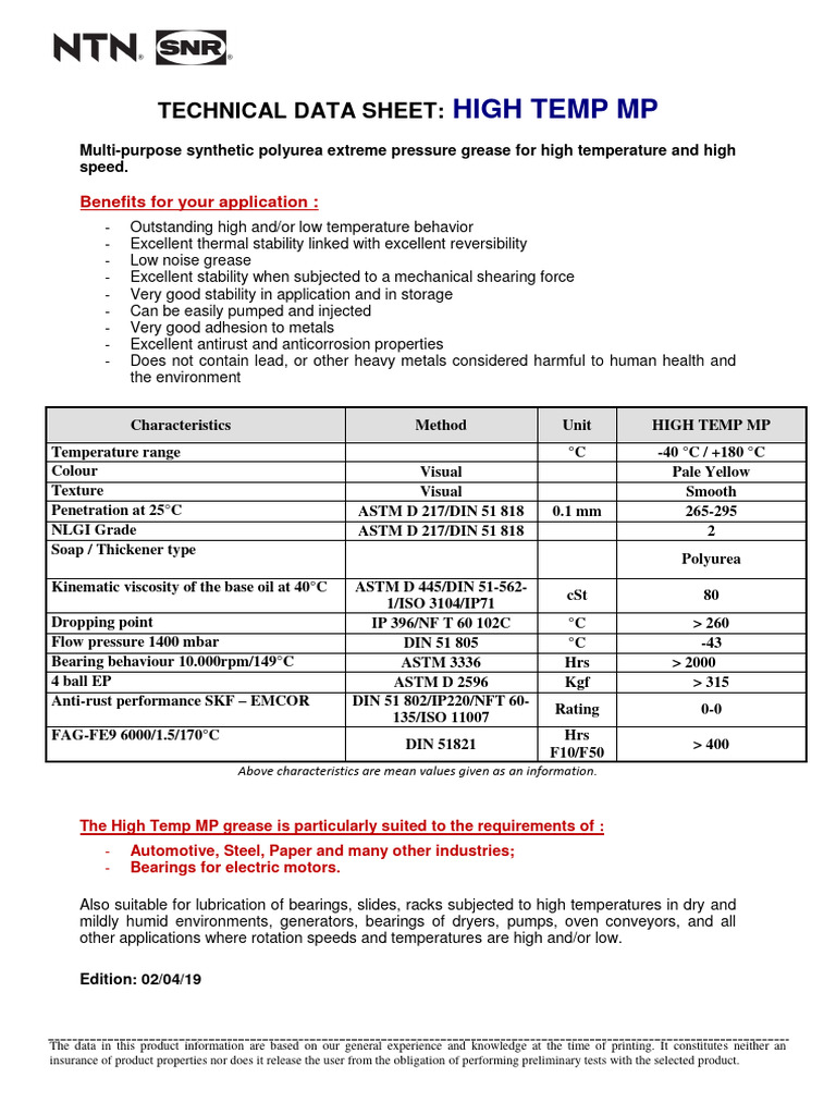 High Temp MP Grease Specifications | PDF | Bearing (Mechanical) | Materials