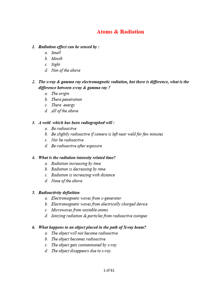 Atoms and Radiation: Key Concepts and Quiz | PDF | Gamma Ray | Ionizing ...
