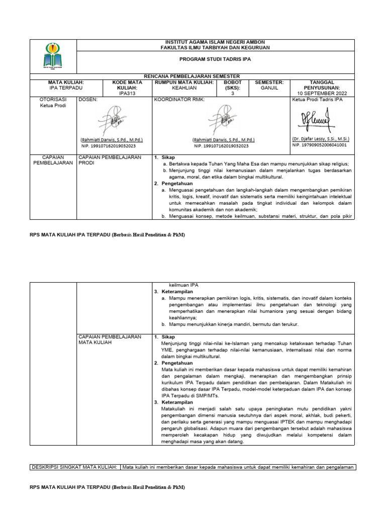 RPS Ipa Terpadu 2022-2023 (Berbasis Hasil Penelitian) | PDF