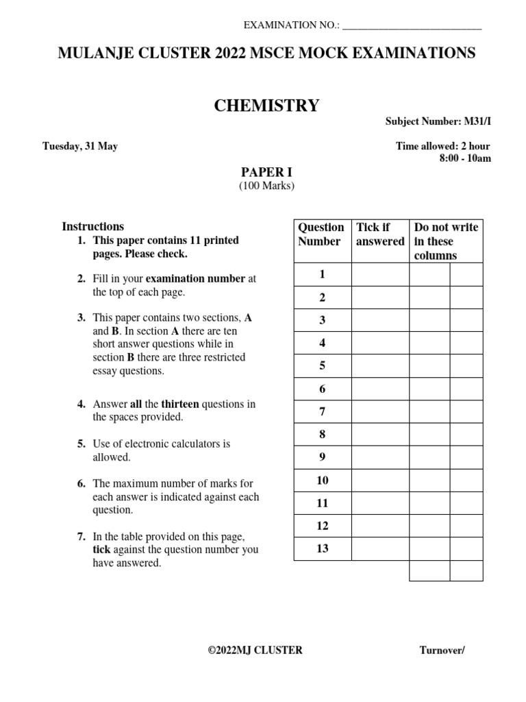 2022 MSCE Mock Chemistry Exam Paper | PDF | Chemical Reactions | Redox