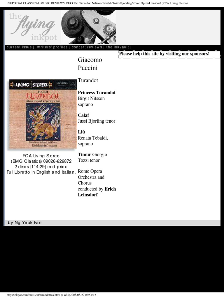 REVIEW PUCCINI Turandot (Nilsson - Tebaldi - Tozzi - Bjoerling - Rome Opera - Leinsdorf RCA ...
