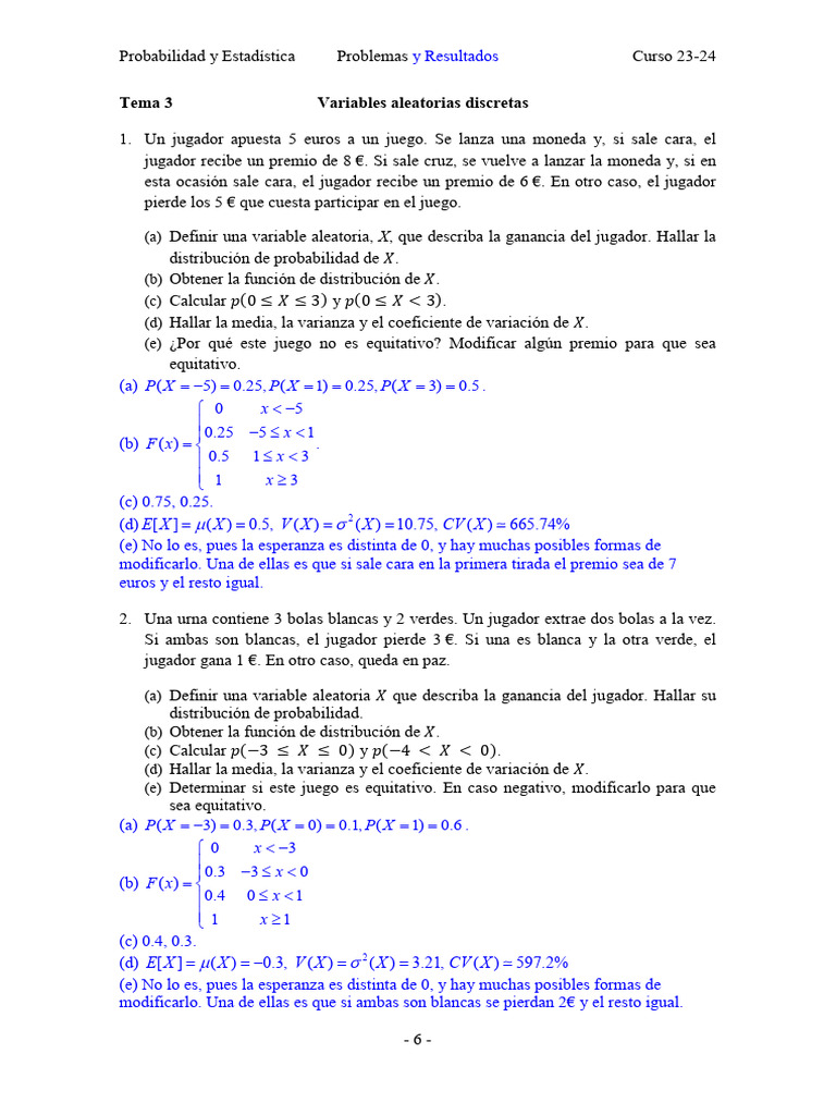 PyE - Problemas Tema 3 Variables Discretas (Actualizado 26-02-2024) | PDF | Variable aleatoria ...