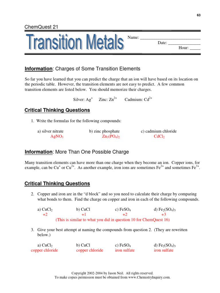 cq21 Transtion Metals Key | PDF | Sulfate | Silver