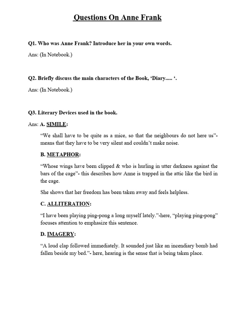 Questions On Anne Frank | PDF | Anne Frank